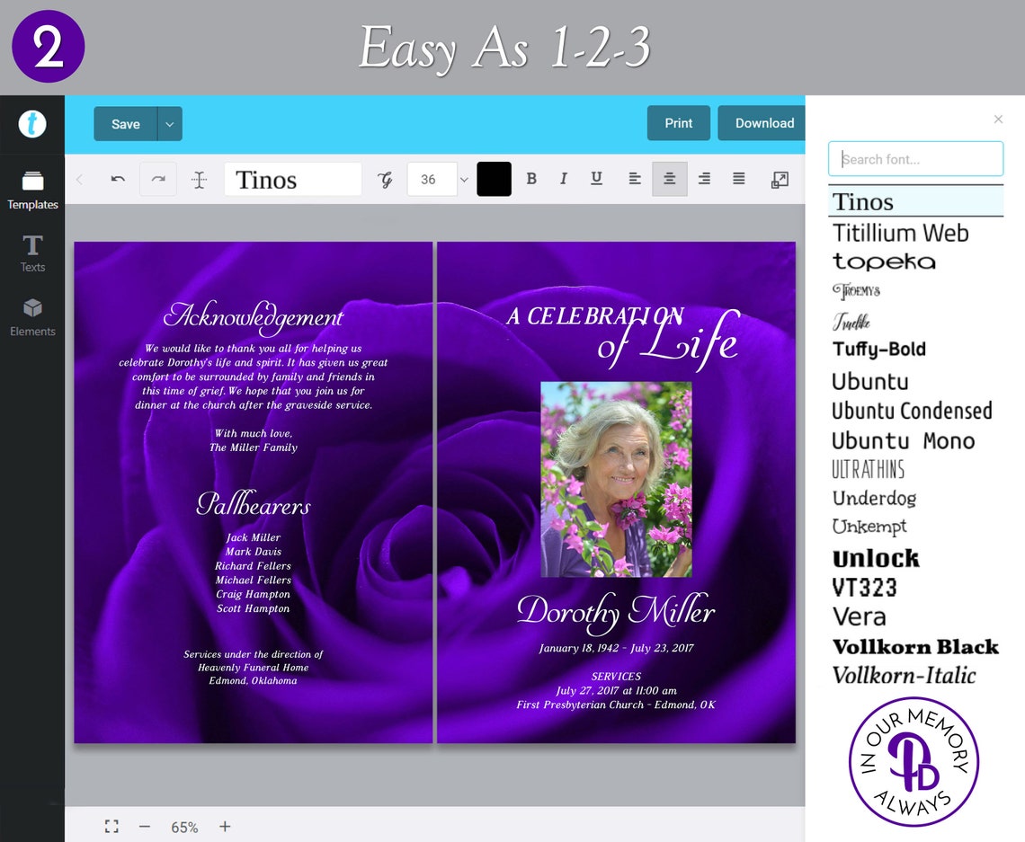 Purple Rose Funeral Program Template, Obituary/order of Service ...