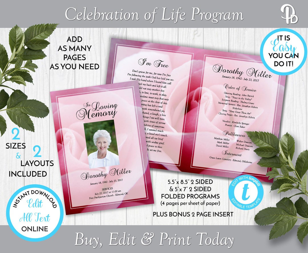 Delicate Pink Rose Funeral Program Template Obituary/order of - Etsy