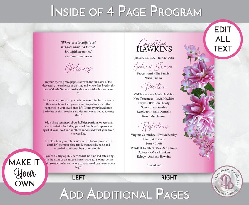 Pink Floral Funeral Program Template, Printable Magazine Memorial ...