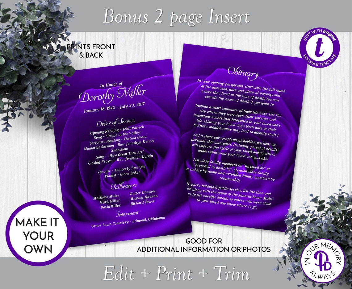 Purple Rose Funeral Program Template, Obituary/order of Service ...