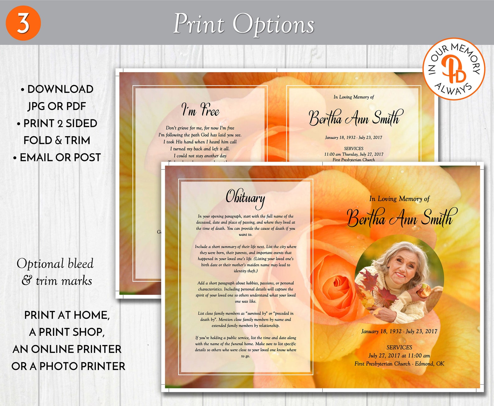 Orange Rose Funeral Program Template, Obituary/order of Service ...