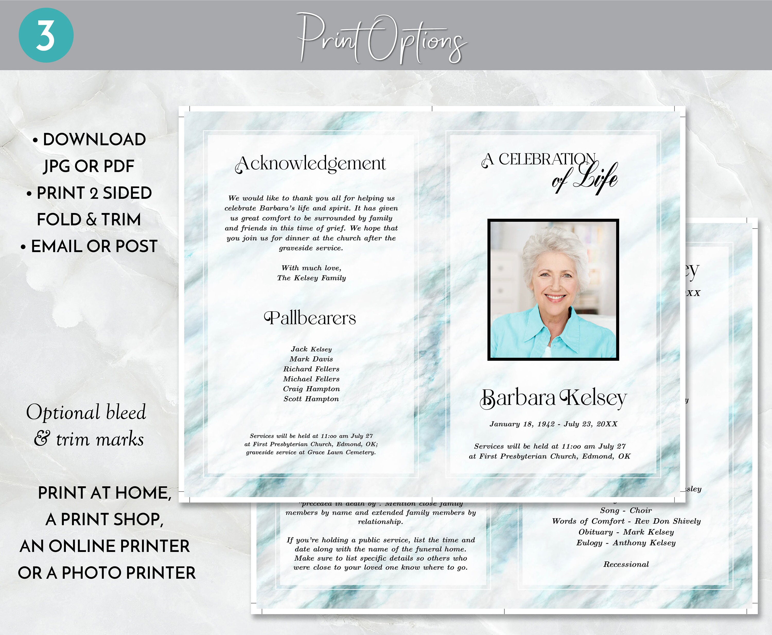 Teal Marble Funeral Program Template Obituary-order of - Etsy Australia