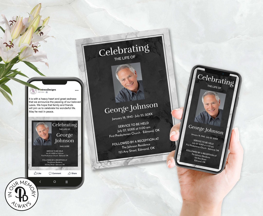 Black and Gray Marble Funeral Invitation, Electronic Funeral ...
