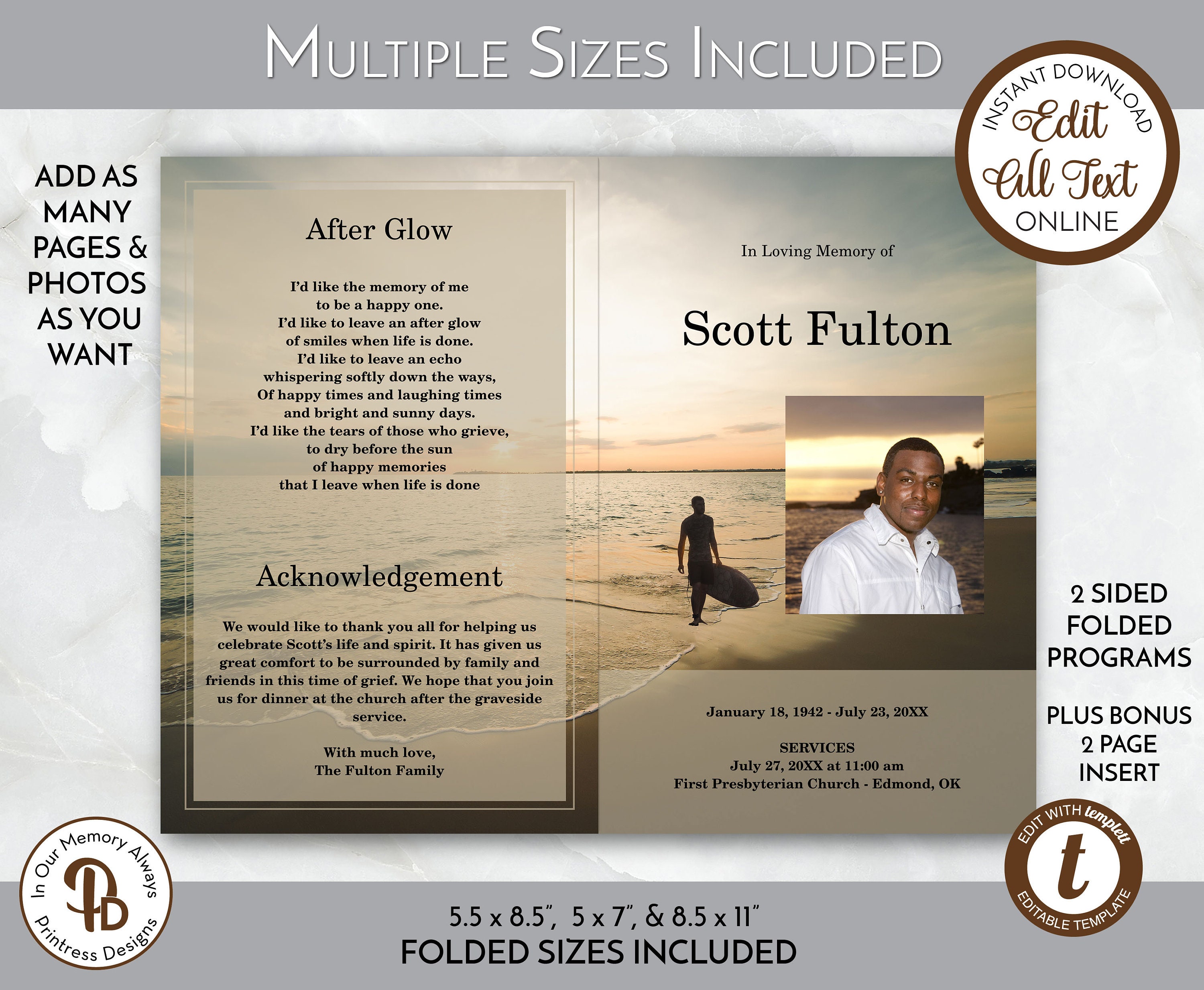 Surfer at Sunset Funeral Program, Obituary Template, Ocean Sunset ...