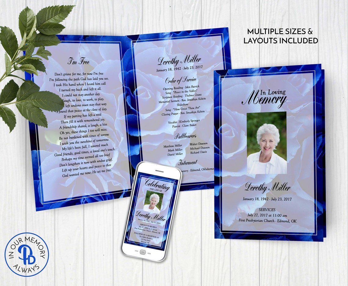 Blue Roses Funeral Program Template Obituary/order of Service - Etsy