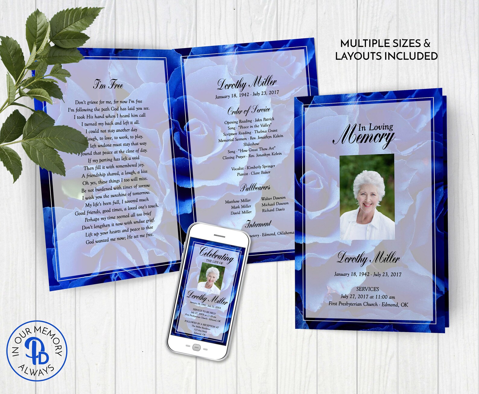 Blue Roses Funeral Program Template Obituary/order of Service - Etsy