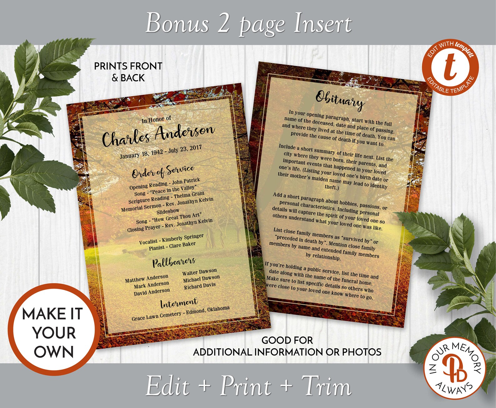 Autumn Landscape Funeral Program Template Obituary/order of - Etsy