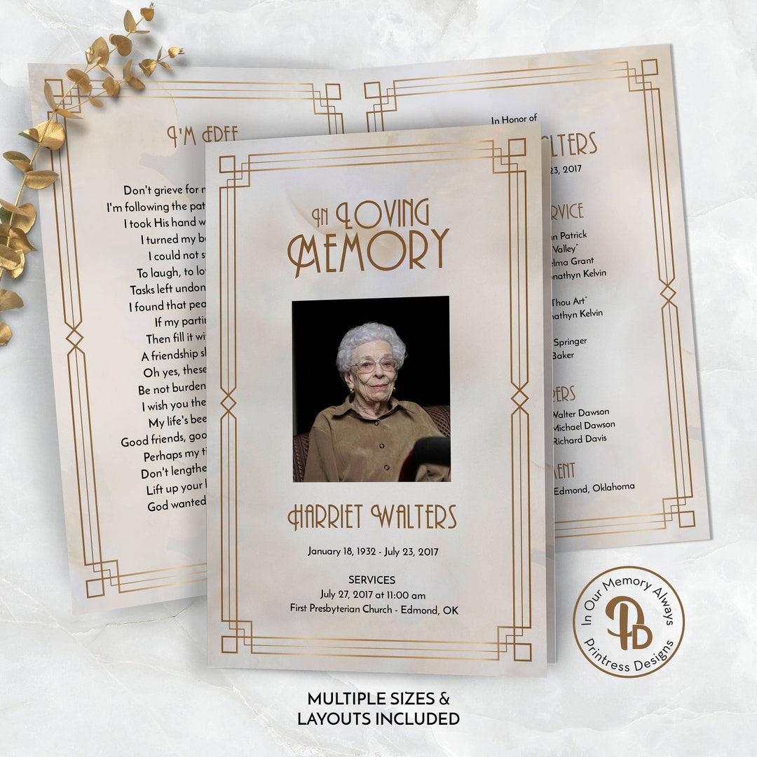 Gold Art Deco Funeral Program, Obituary Template, Celebration of Life ...