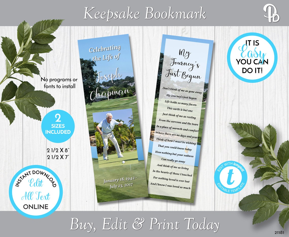 Golfers Memorial Bookmark Template Golf Editable Photo - Etsy