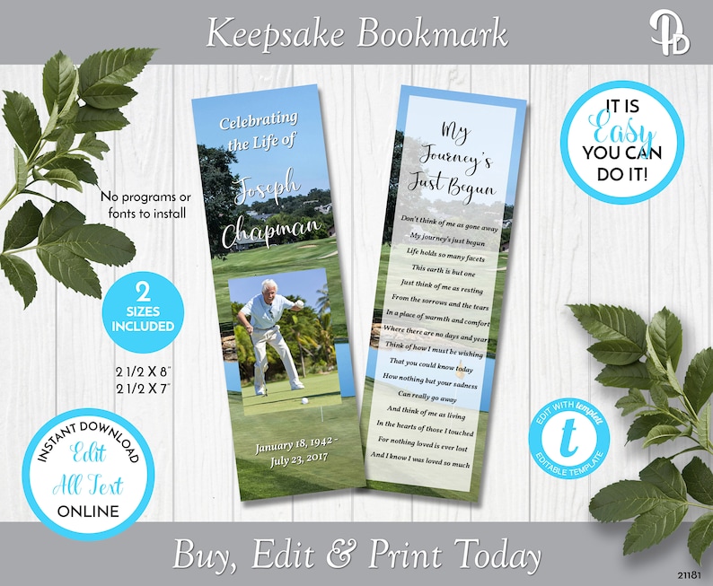 Golfers Memorial Bookmark Template, Golf Editable Photo Funeral ...