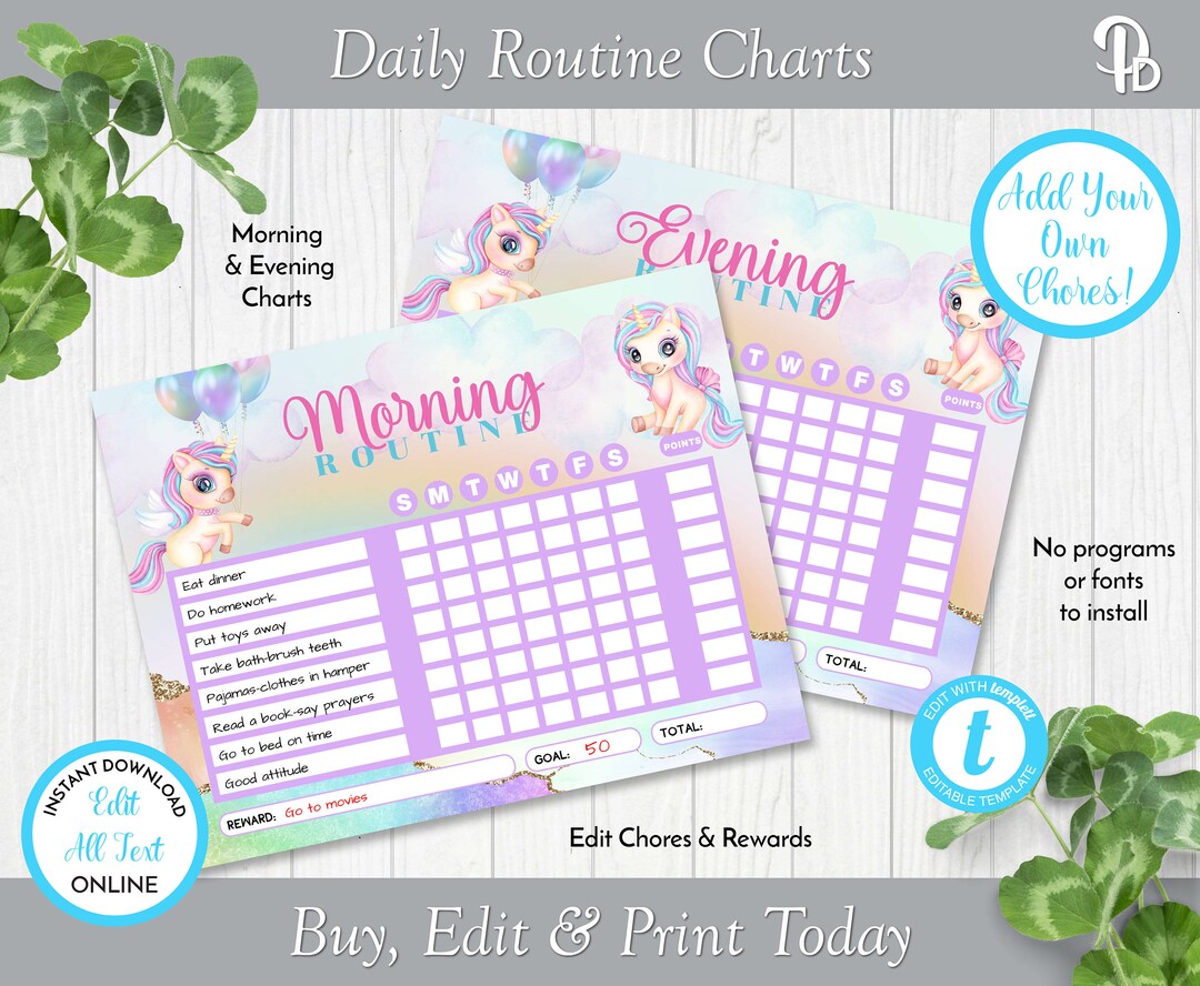 Pastel Unicorn Rainbow Children's Daily Routine Charts, Morning Routine ...