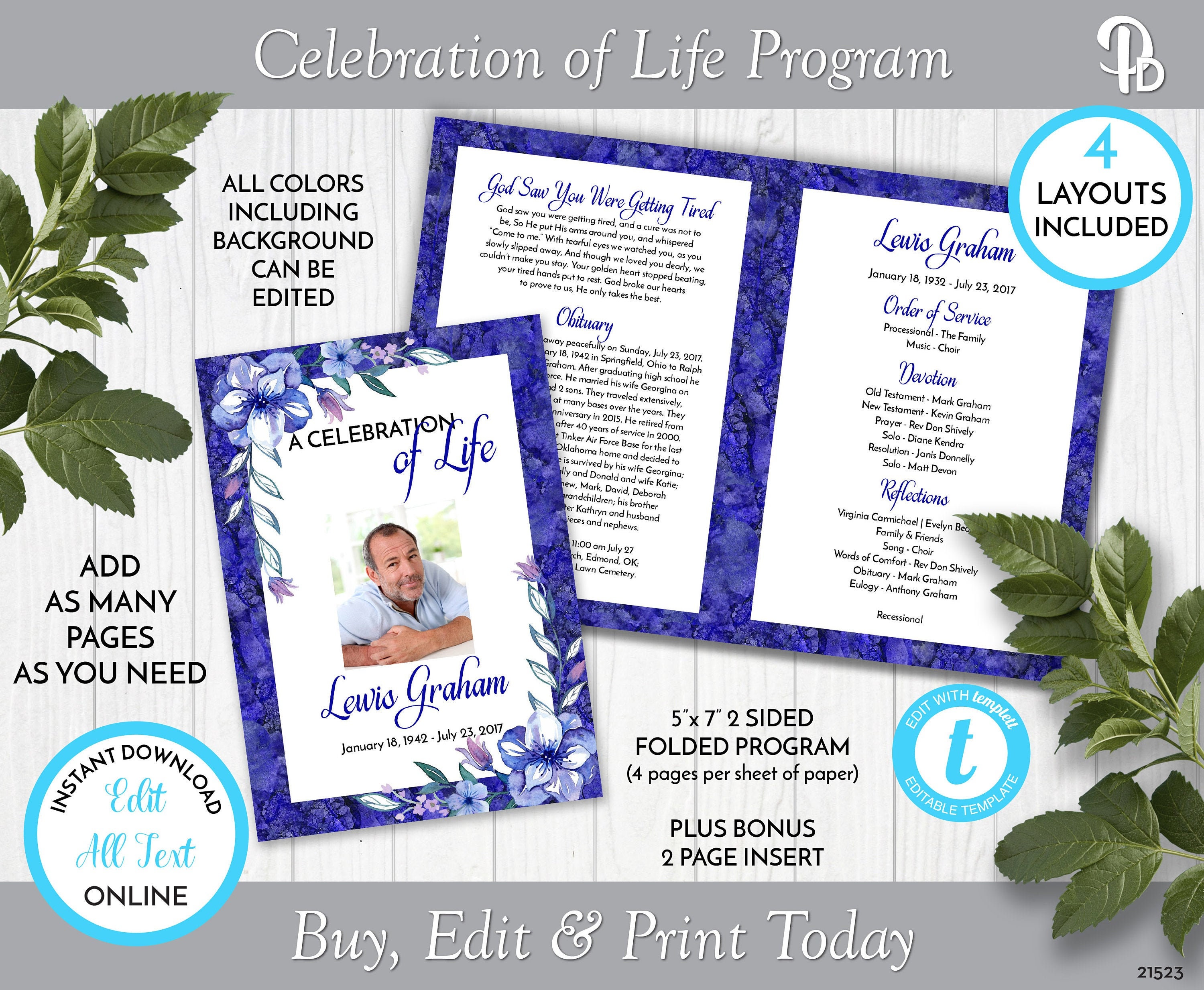 Blue Floral Border Funeral Program Template Obituary/Order of | Etsy