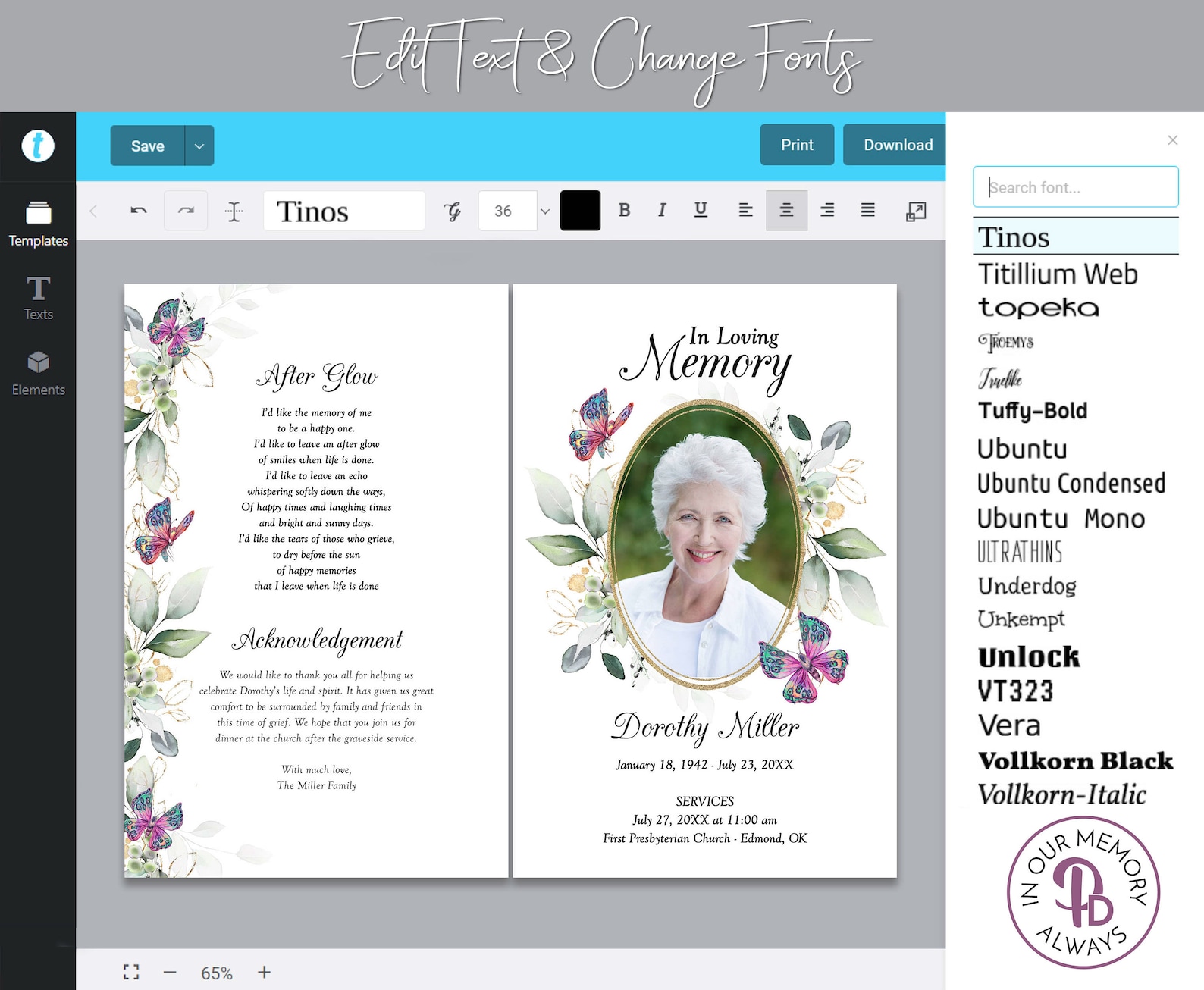 Colorful Butterfly Funeral Program Obituary Template | Etsy