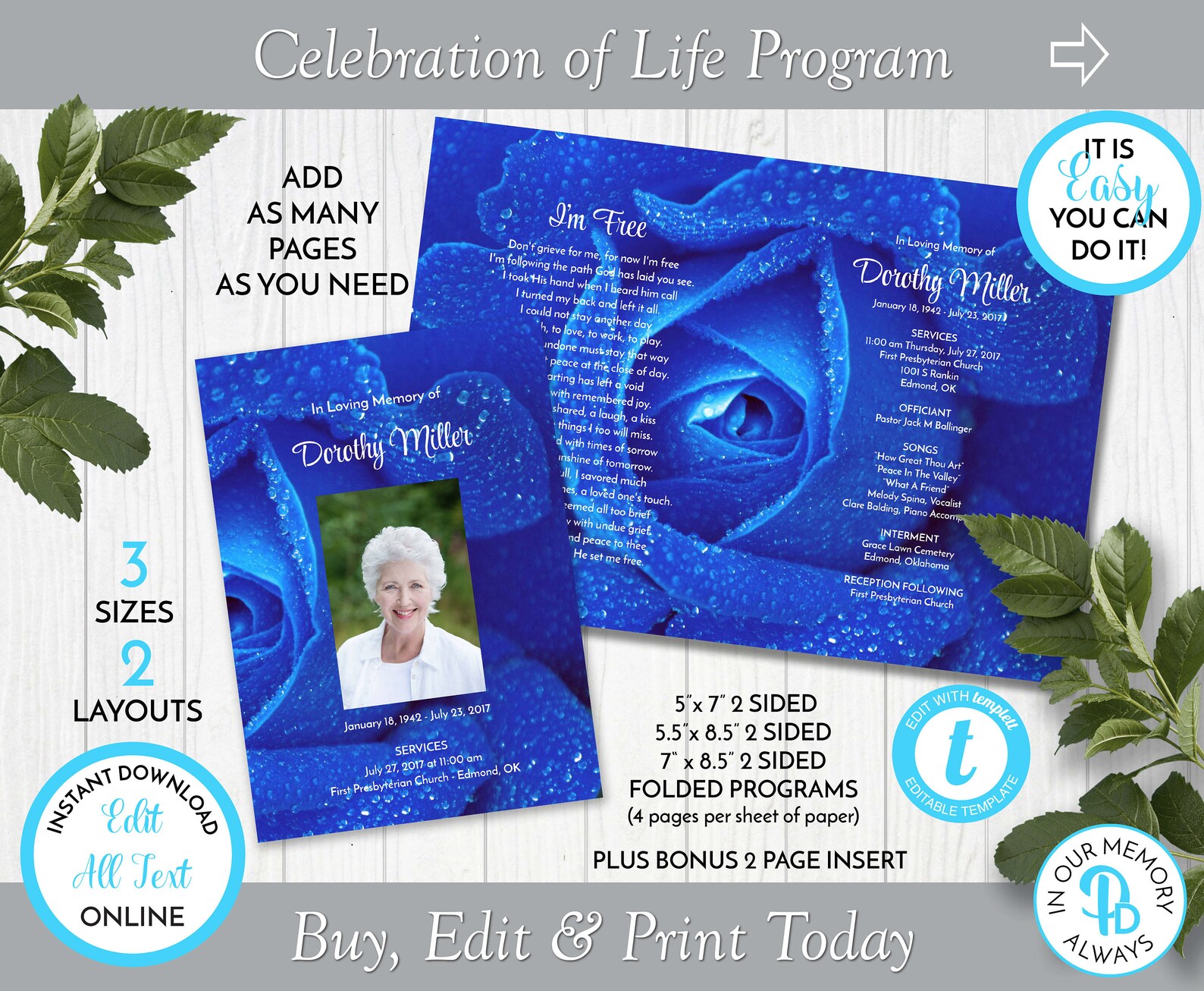 Blue Rose Funeral Program Template Obituary/order of Service | Etsy