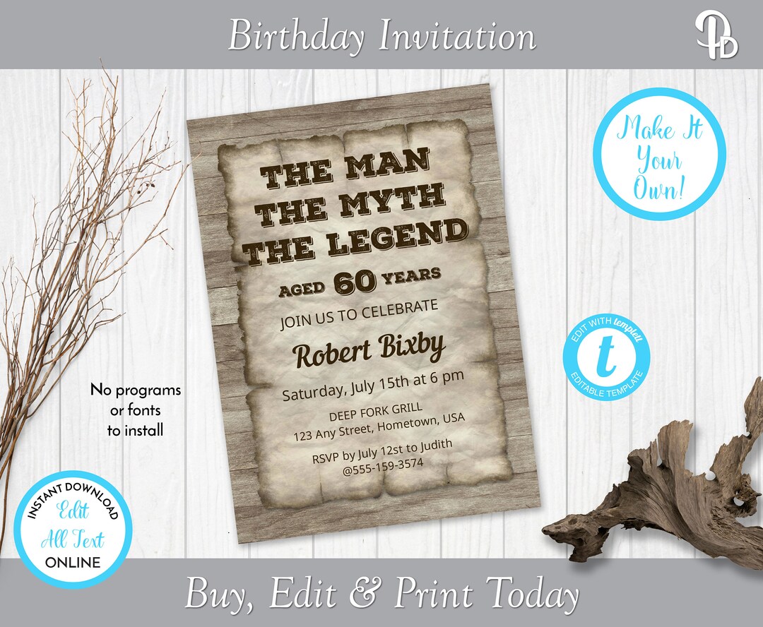 The Man, the Myth, the Legend Birthday Party Invitation Template ...