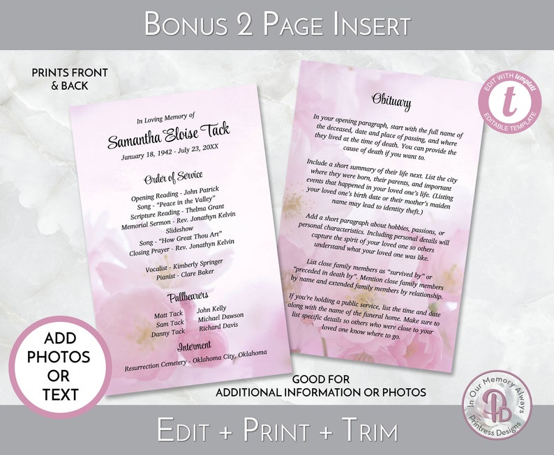 Pink Floral Funeral Program Template, Editable Memorial Service ...