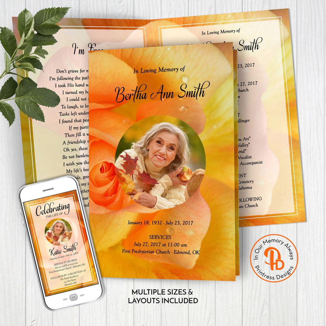 Orange Rose Funeral Program Template, Obituary/order of Service ...