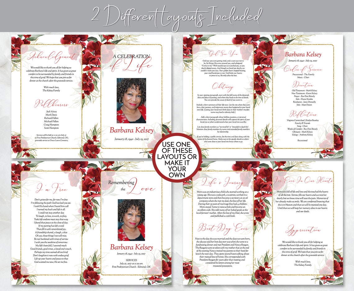 Red and Gold Floral Funeral Program Template Obituary/order | Etsy