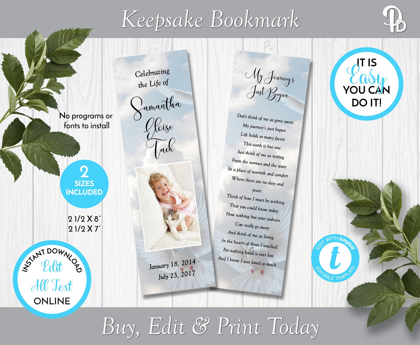 Doves in the Clouds Printable Funeral Bookmark Template, Editable ...