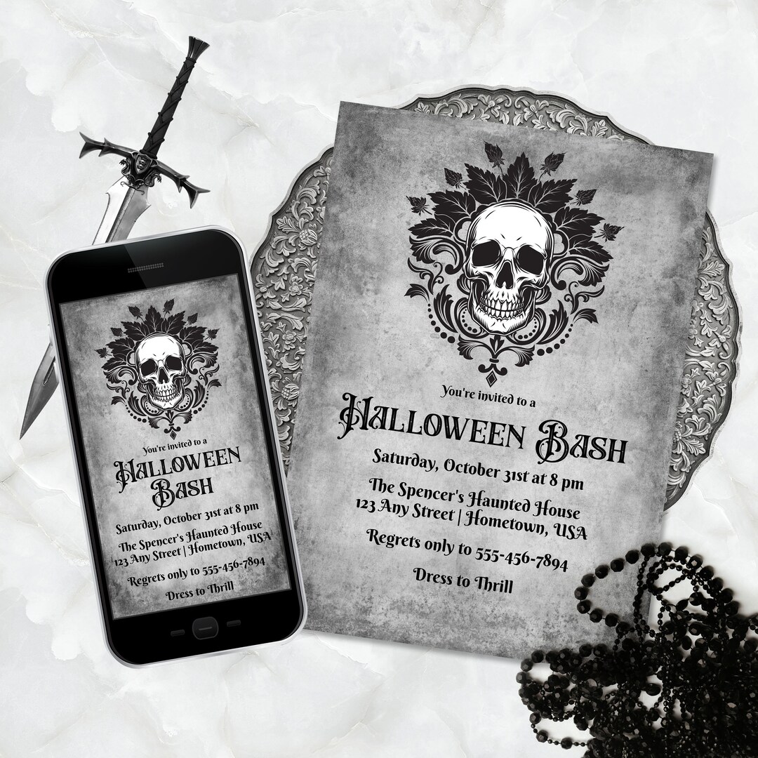 Modern Skull Halloween Party Invitation, Antique Adult Halloween Bash ...