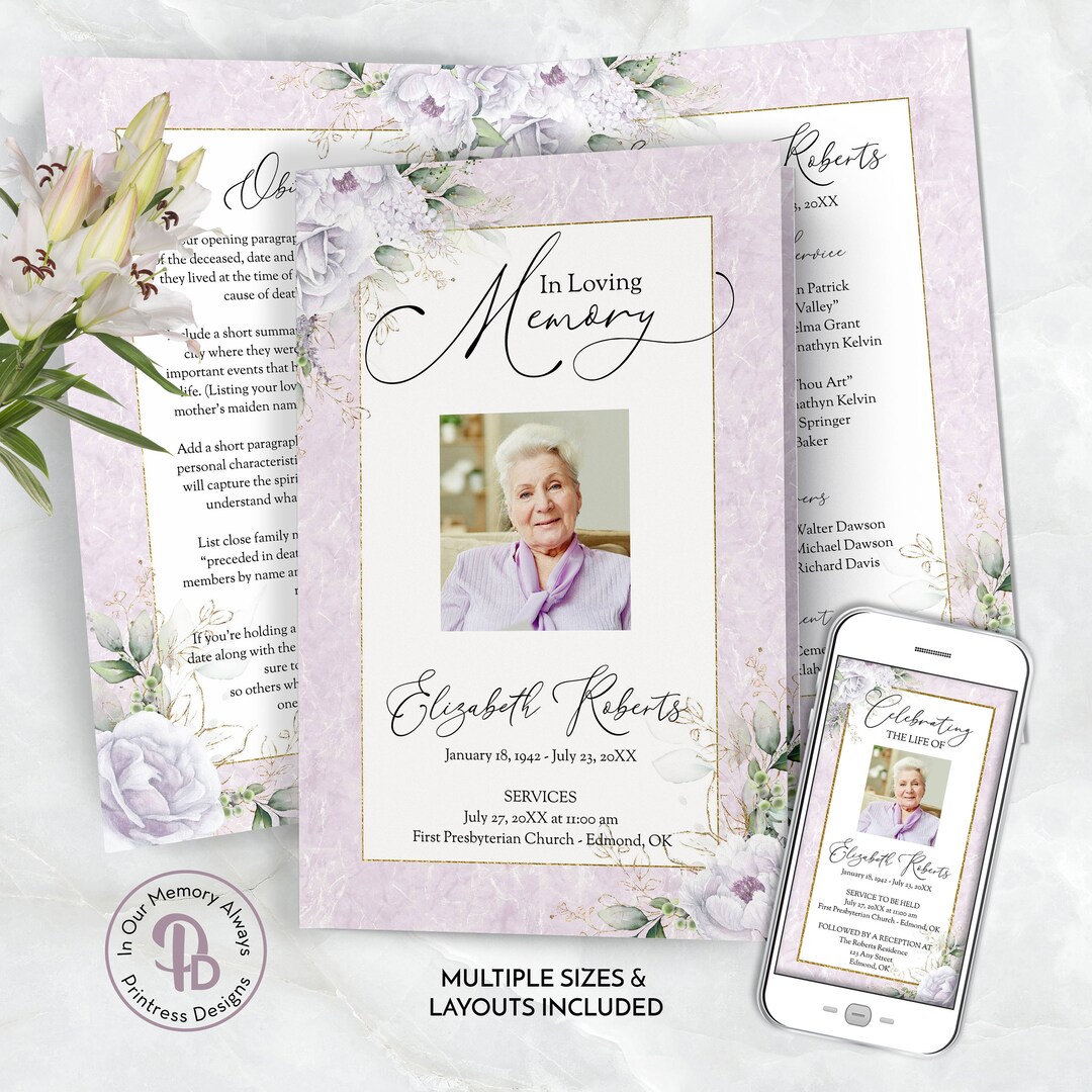 Mauve Floral Funeral Program, Obituary Template, Celebration of Life ...