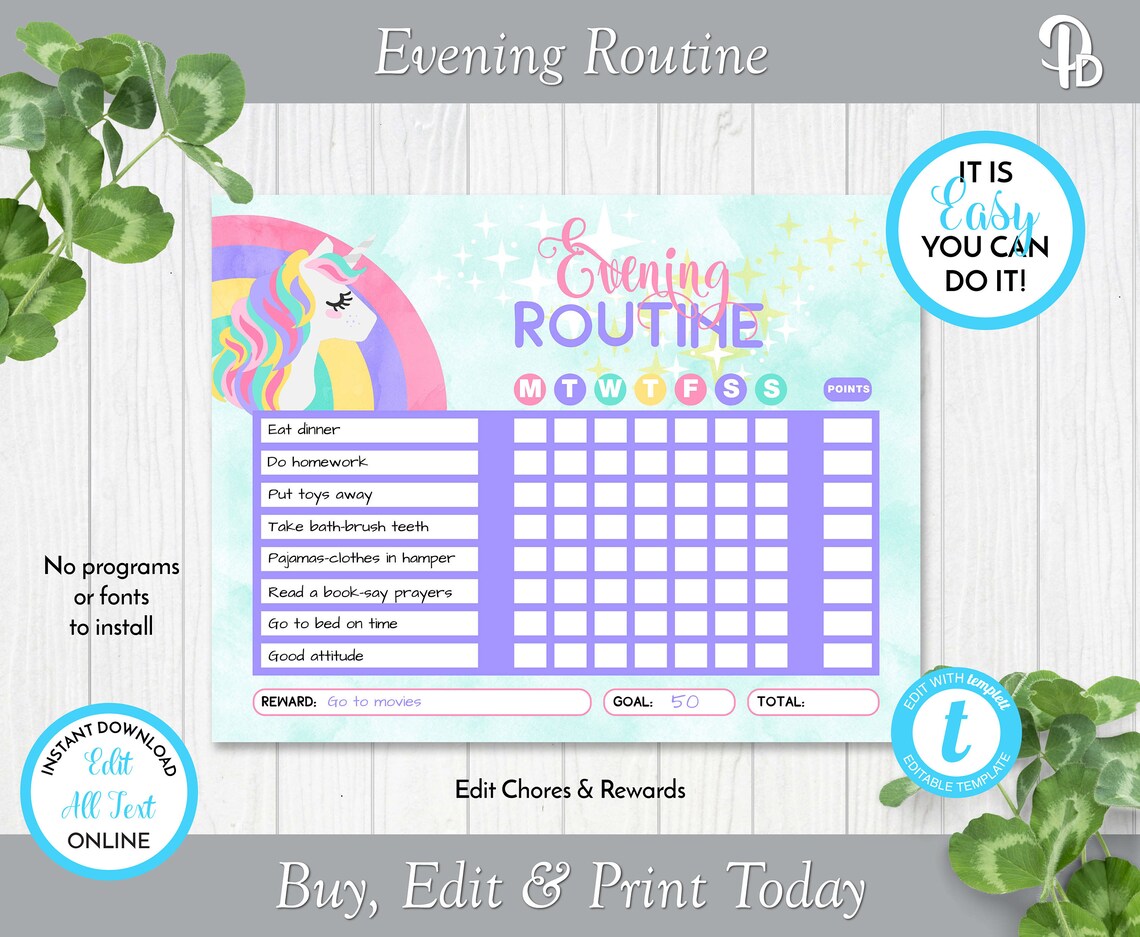 Pastel Unicorn Children's Daily Routine Charts Morning - Etsy