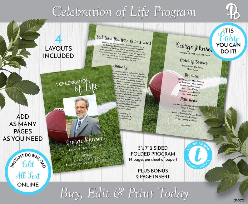 Football Fan Funeral Program Template Obituary/order of - Etsy