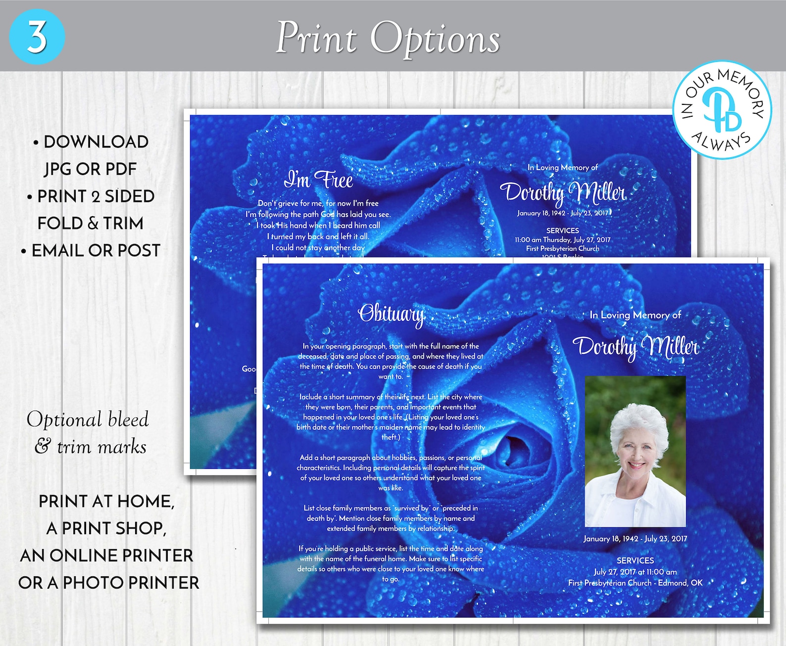 Blue Rose Funeral Program Template Obituary/order of Service | Etsy