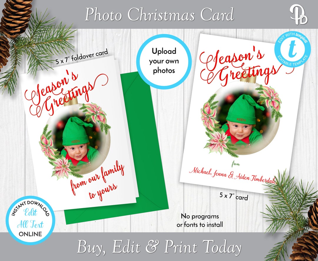 Poinsettia Ornament Photo Card Template, Printable Christmas Photo Card ...