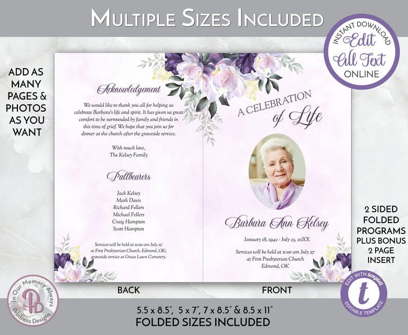 Lavender and Pink Floral Funeral Program Template, Celebration of Life ...