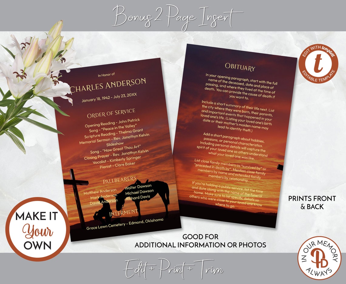 Cowboy Kneeling at Sunset Funeral Program Obituary Template - Etsy