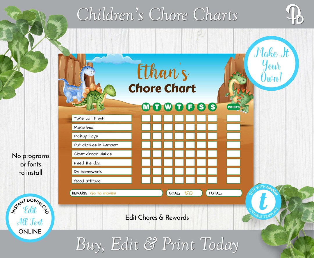 Dinosaur Children's Chore Chart, Editable Reward Chart, Printable Kid's ...