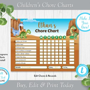 Dinosaur Children's Chore Chart, Editable Reward Chart, Printable Kid's ...