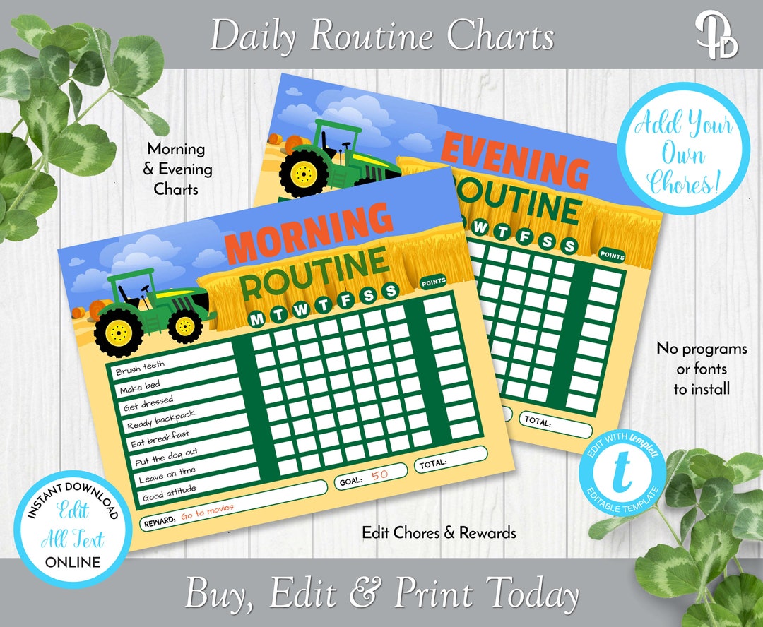 Tractor Children's Daily Routine Charts, Morning Routine Chart, Bedtime ...