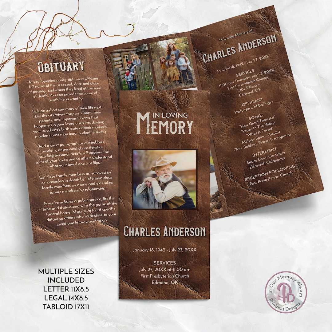 Rustic Leather Trifold Funeral Program, Obituary Template, Country ...
