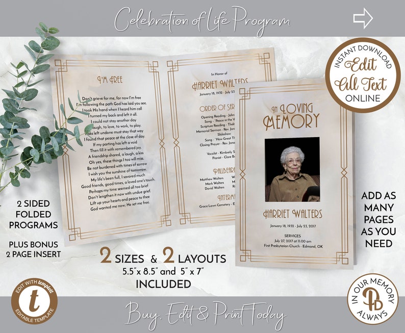 Gold Art Deco Funeral Program Obituary Template Celebration - Etsy