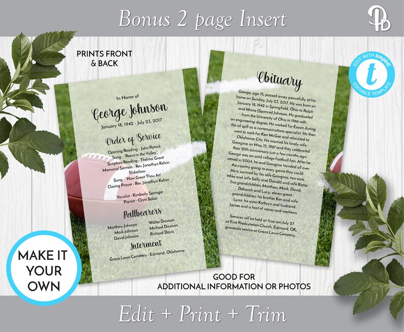Football Fan Funeral Program Template Obituary/Order of | Etsy