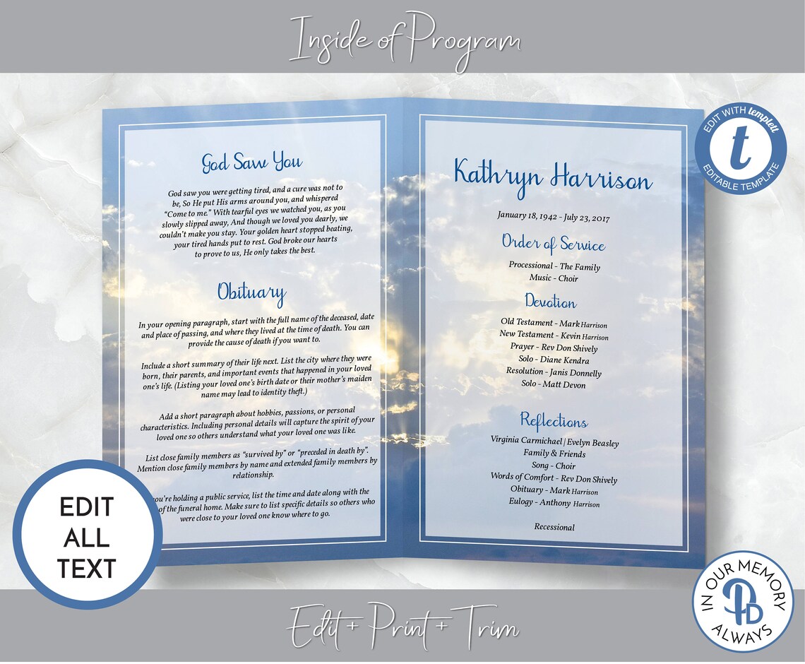 Angel in the Clouds Funeral Program Obituary Template | Etsy