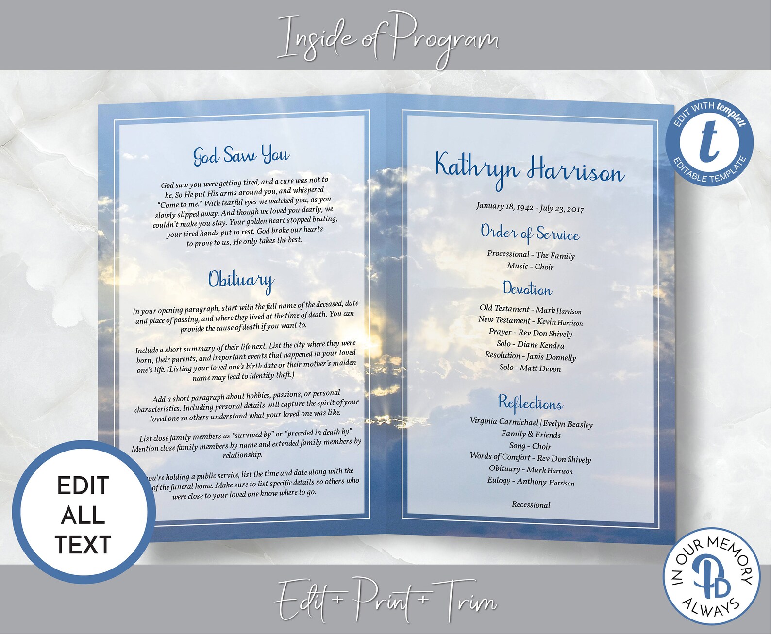 Angel in the Clouds Funeral Program Obituary Template - Etsy