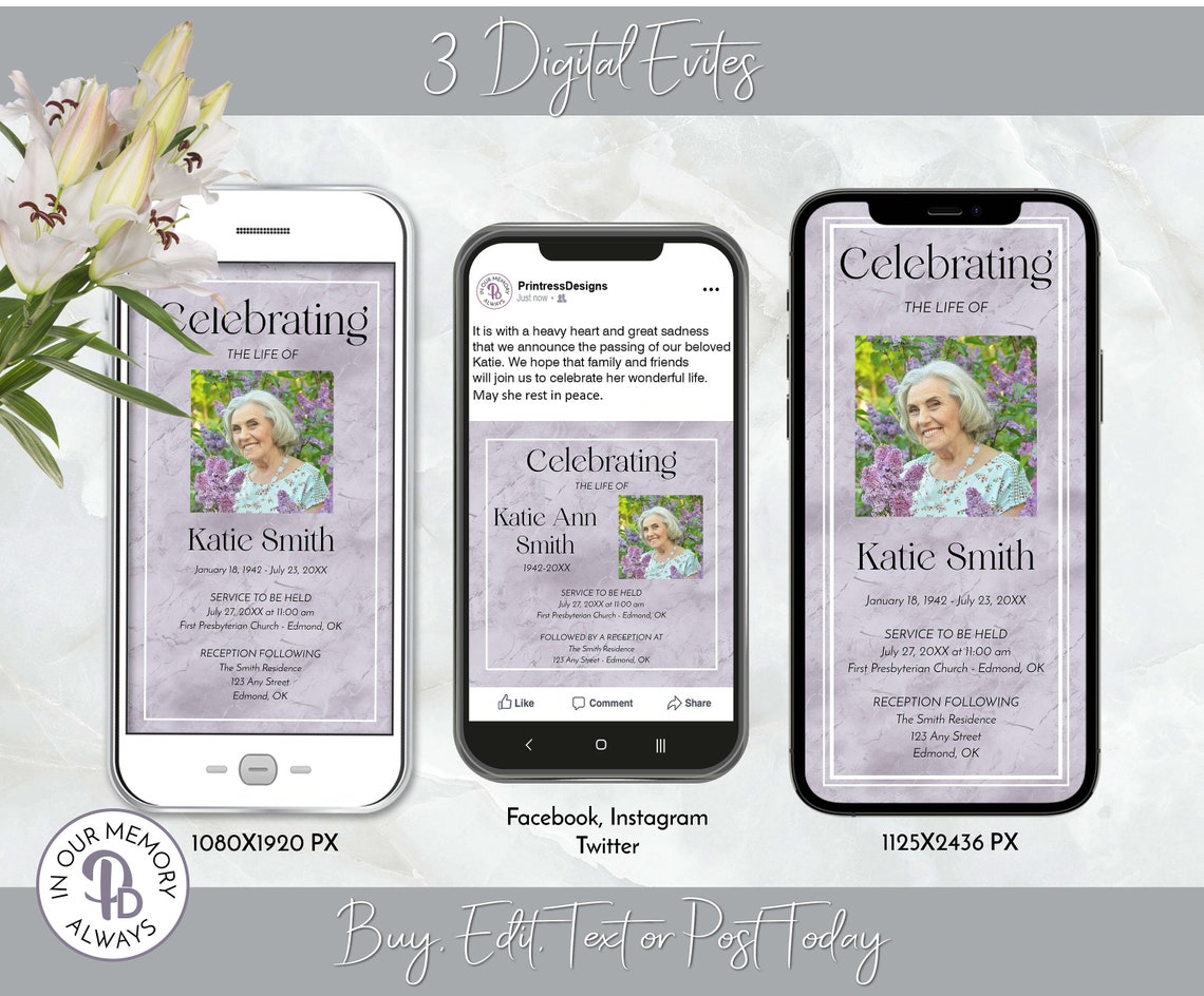 Lavender Marble Funeral Invitation Electronic Funeral - Etsy
