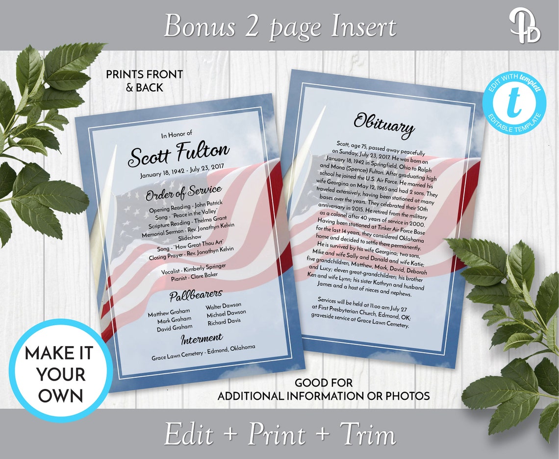 Patriotic Funeral Program Template Obituary Order of Service - Etsy