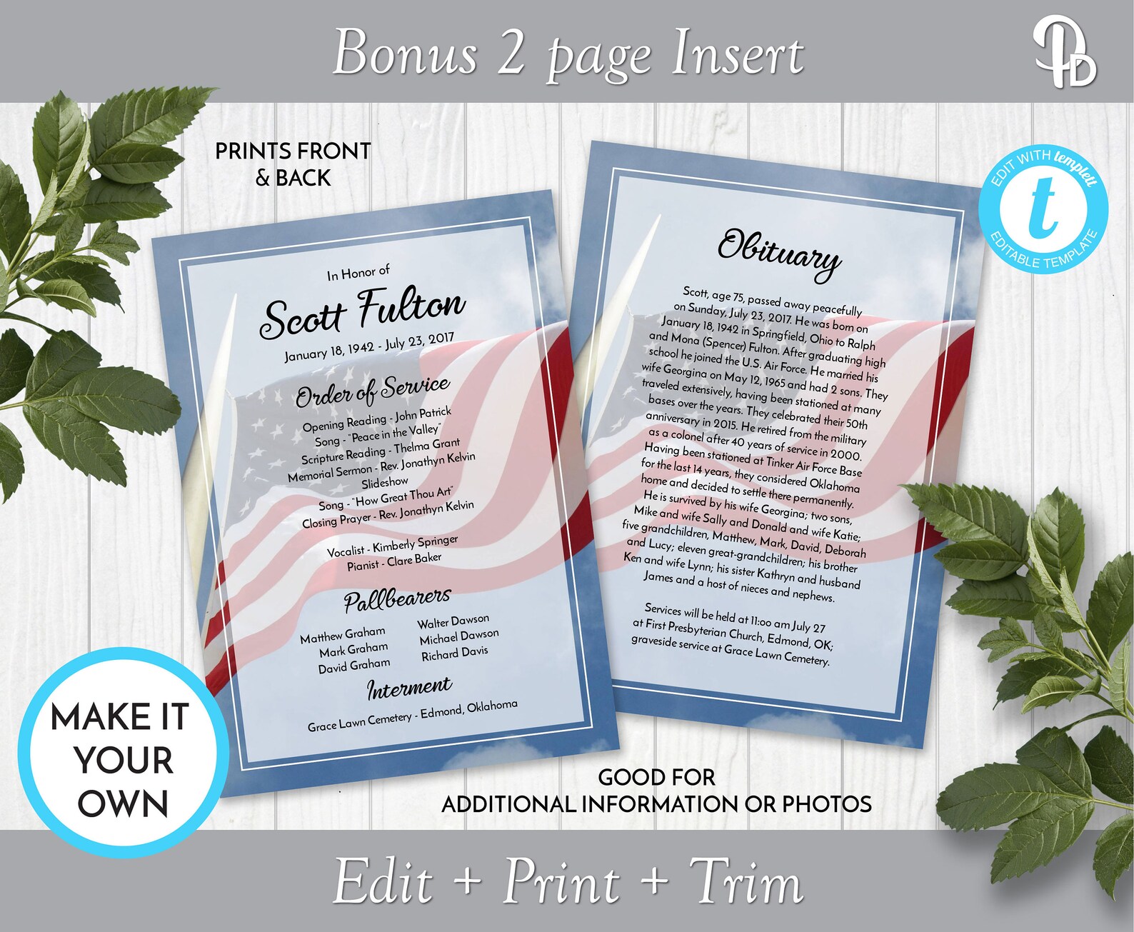 Patriotic Funeral Program Template, Obituary, Order of Service Template ...