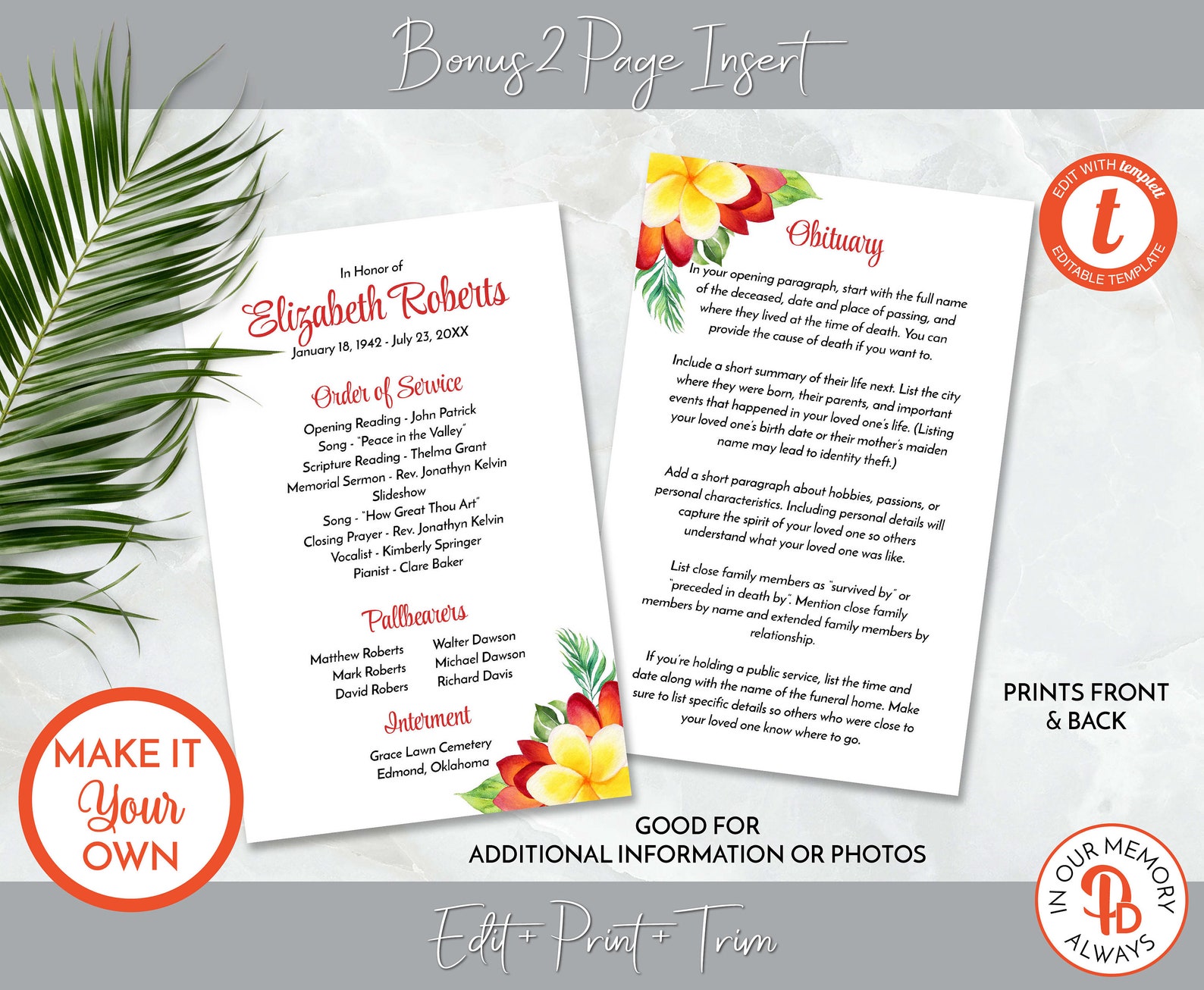 Tropical Floral Funeral Program, Obituary Template, Celebration of Life ...