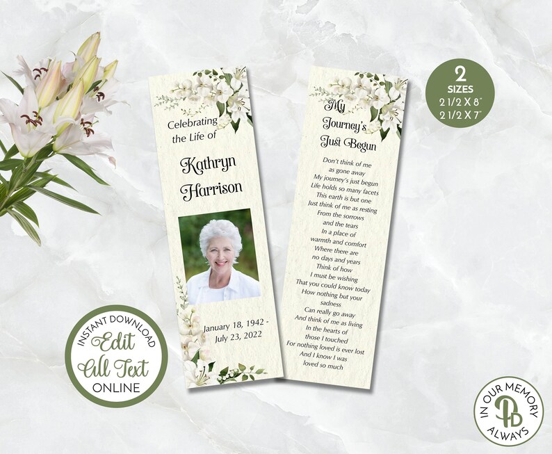 Lily Floral Printable Funeral Bookmark Template Orchids - Etsy