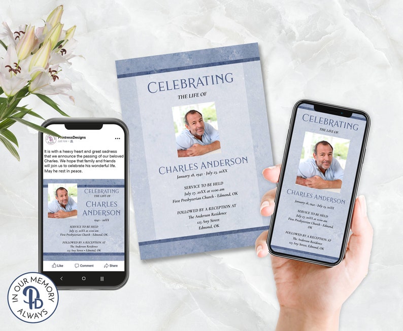 Classic Blue Digital Funeral Invitation Electronic Funeral - Etsy