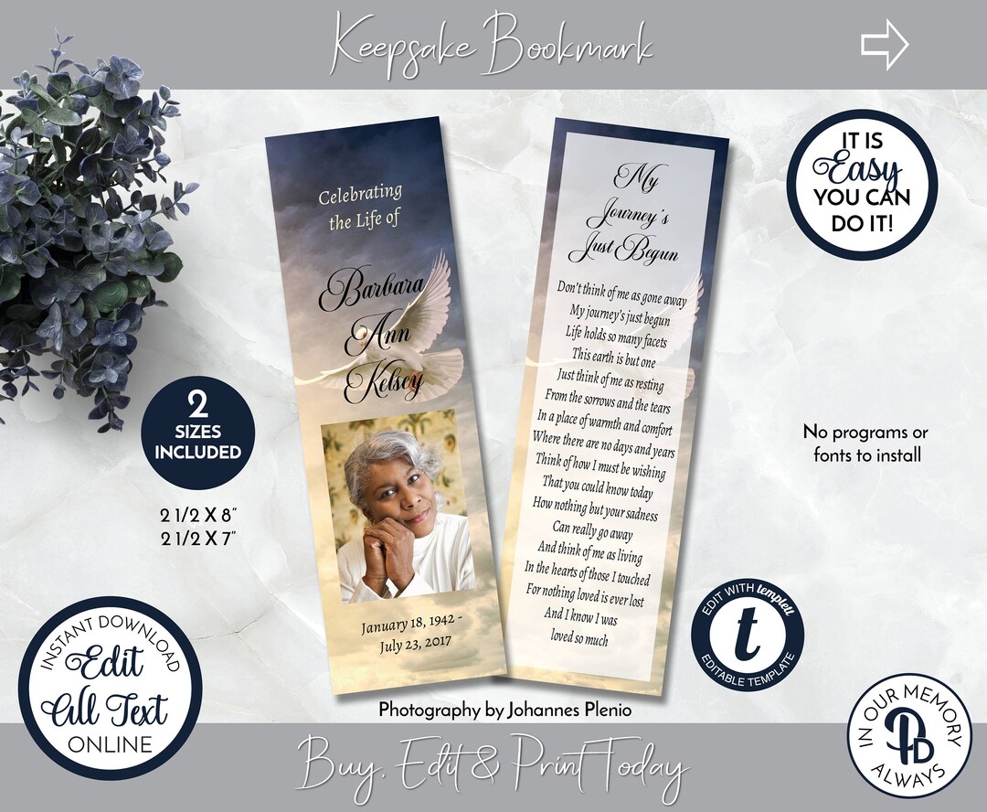 Sunburst Dove Printable Funeral Bookmark Template, Editable Memorial ...