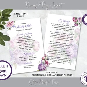 Pink and Purple Peonies Funeral Program Template, Obituary/order of ...