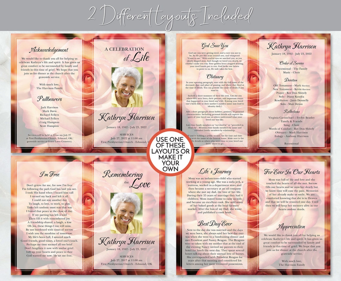 Orange-yellow Rose Funeral Program Obituary Template - Etsy