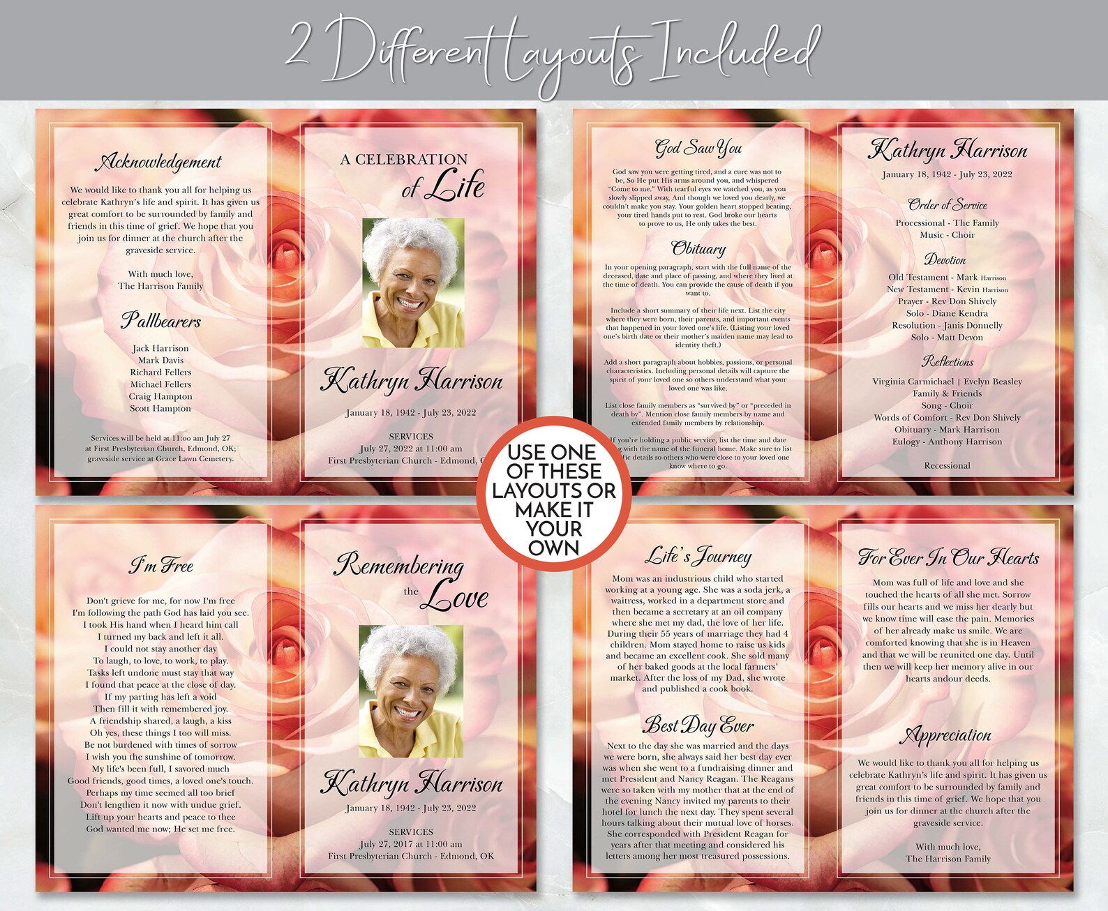 Orange-yellow Rose Funeral Program Obituary Template - Etsy