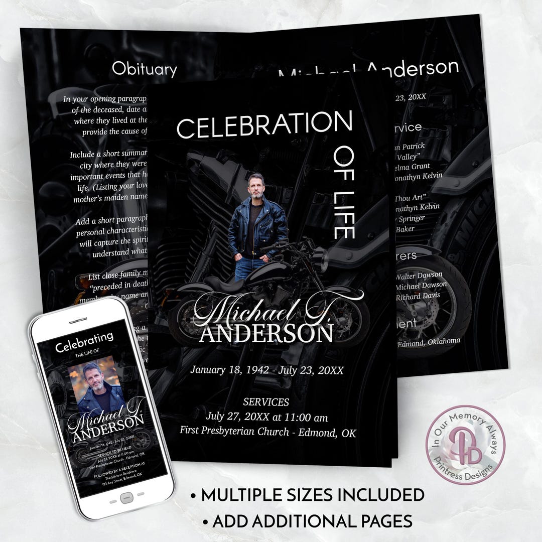 Motorcycle Rider Funeral Program Template, Last Ride Memorial Service ...